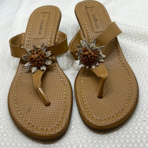 George | Shoes | George Leather Tan Sandals Flower Embellishment Low ...